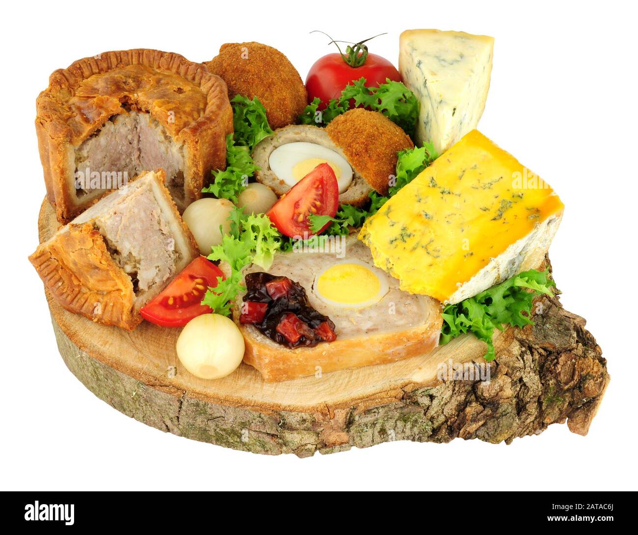 Traditional ploughman's buffet lunch ingredients isolated on a white ...