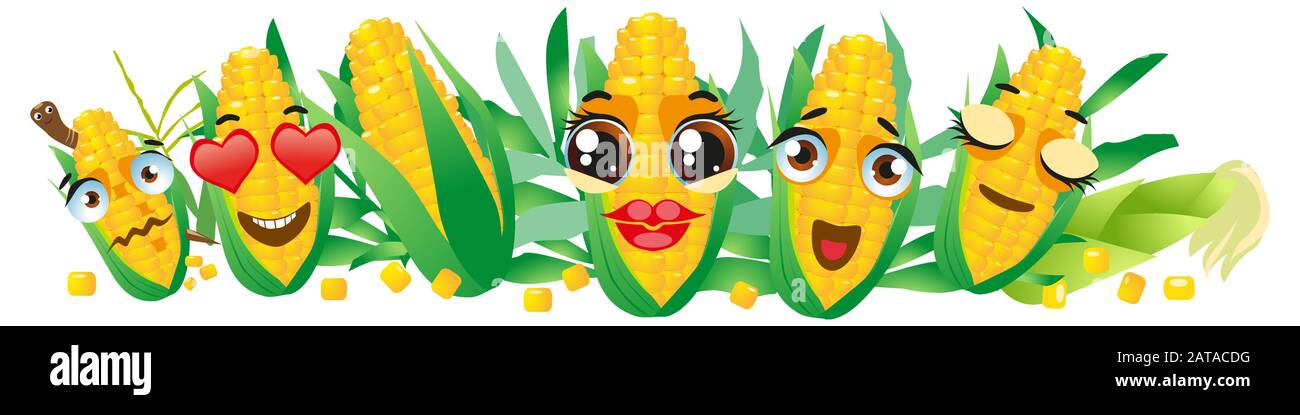 Yellow corn border. Cute cartoon emoji vegetables Stock Vector Image ...