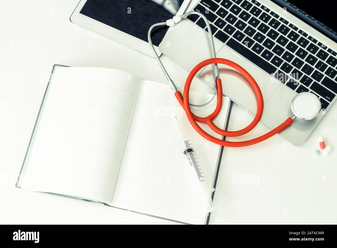 Medical healthcare backgrounds flat lay objects with copy space. Doctor ...