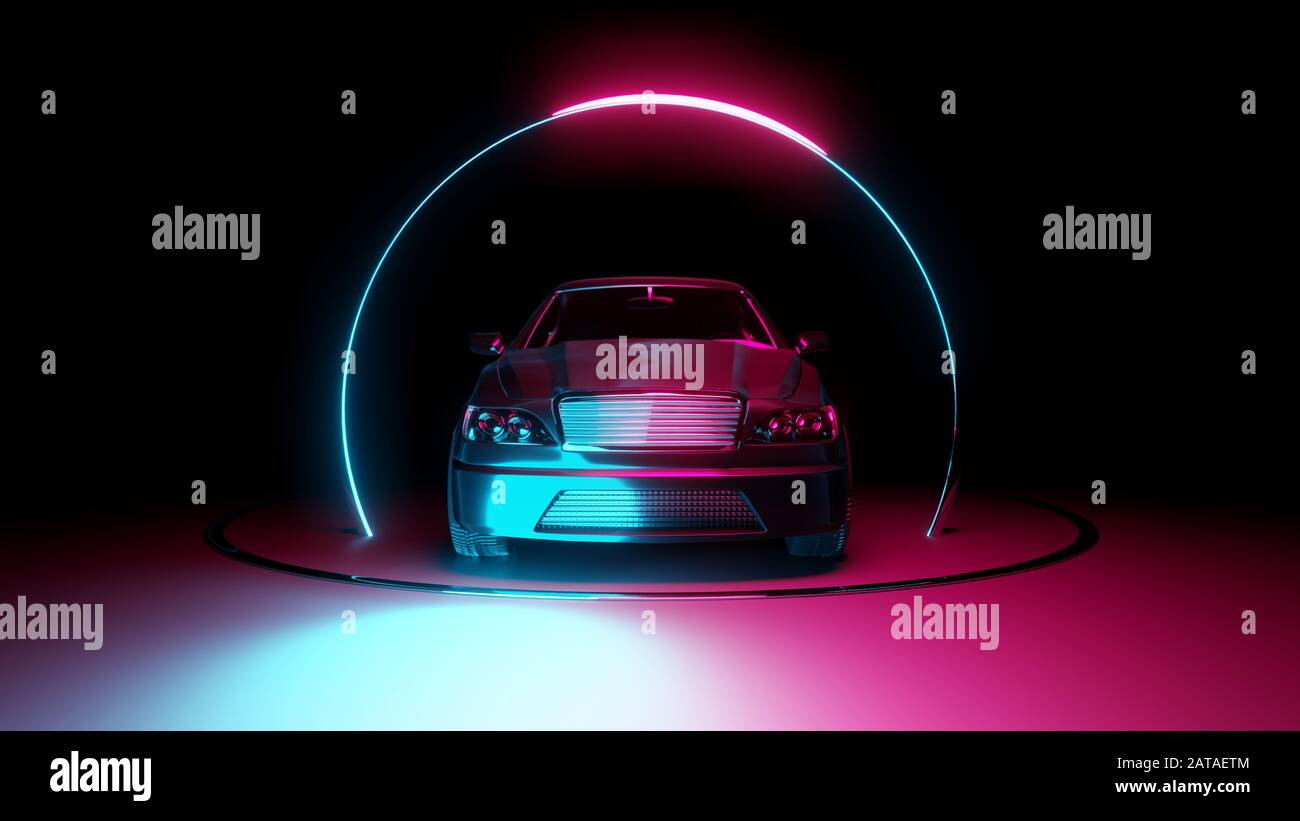 Car with neon light circle frames on dark background. 3D illustration ...