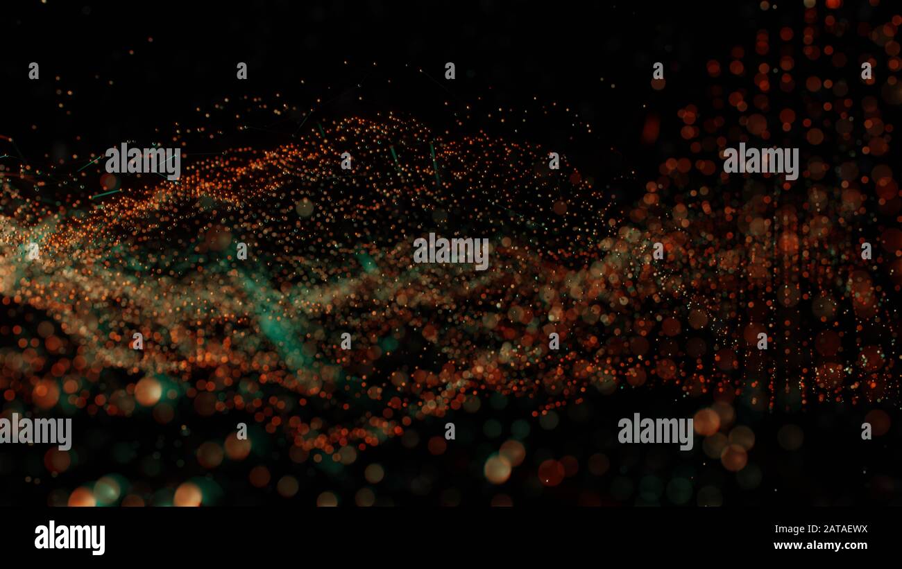 Plexus of abstract orange and green dots on a black background. Loop animations. 3D illustration ...