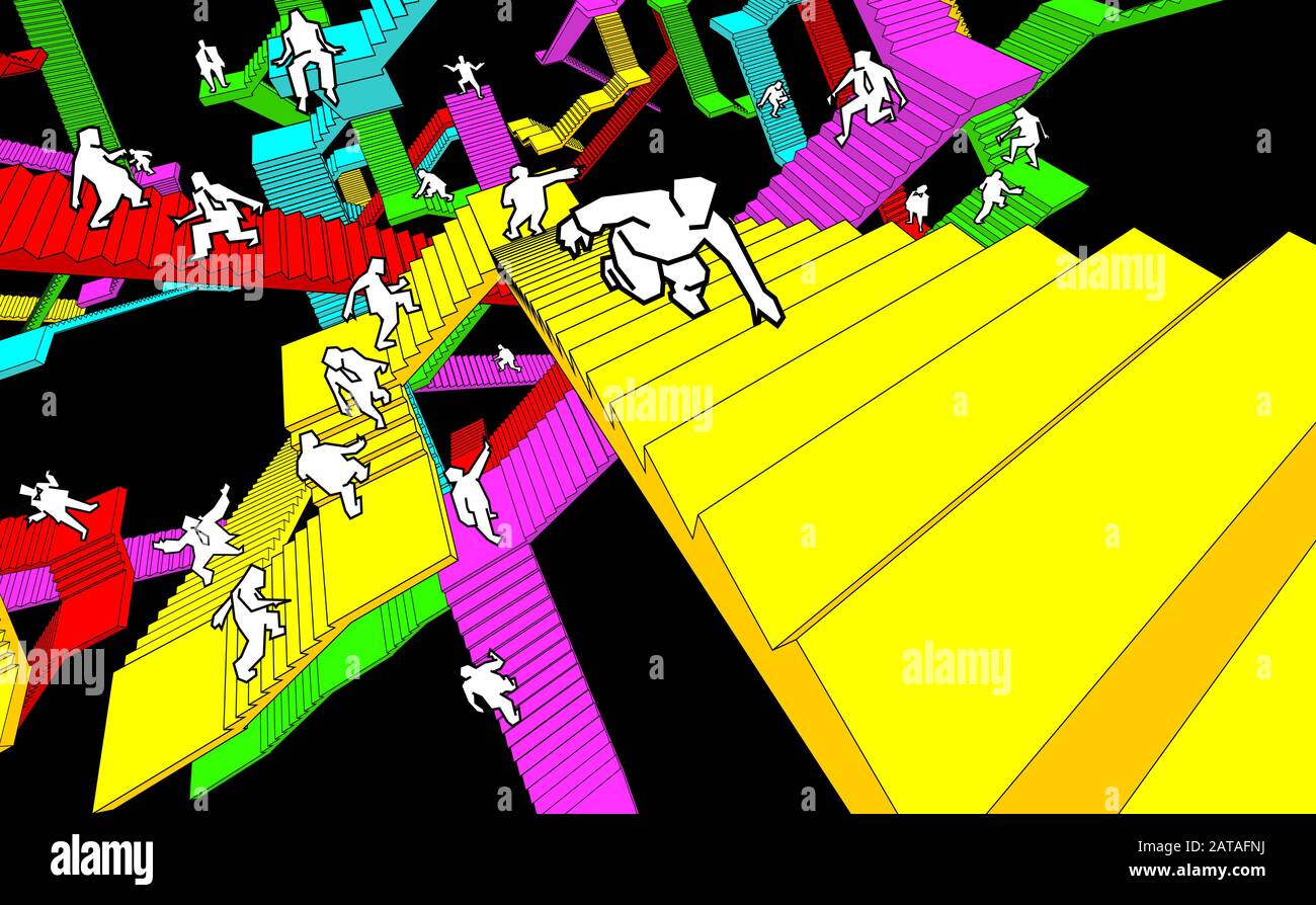 lost and confused people running upwards and downwards a labyrinth of ...