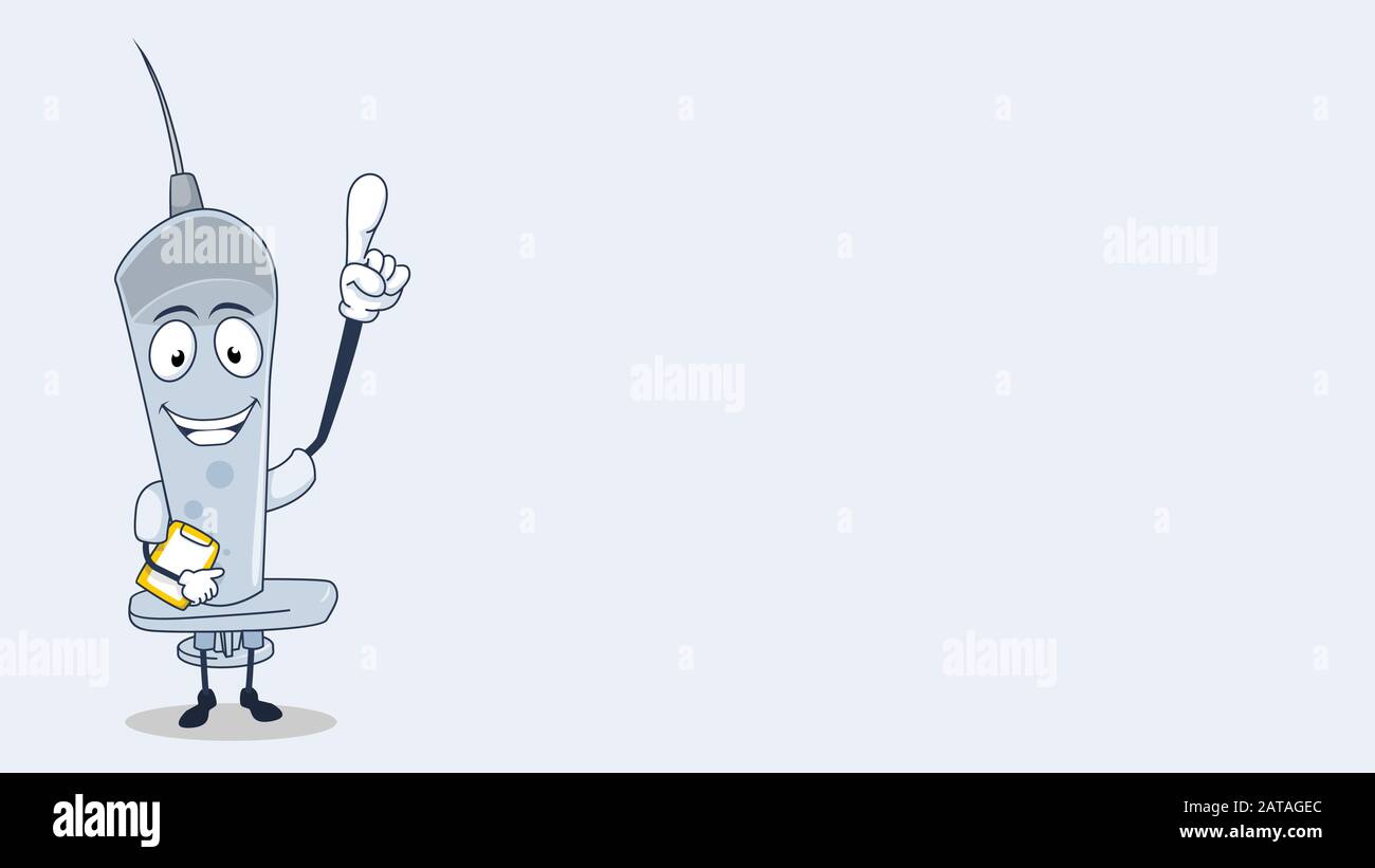 syringe with cute cartoon smile face hand pointing in plain pastel blue ...