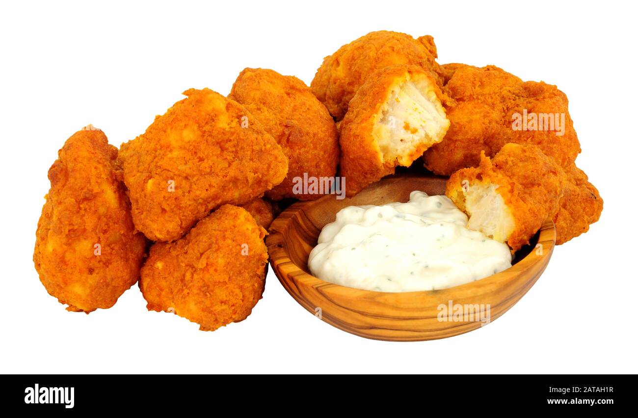Chicken pakoras with raita dip in a wooden bowl isolated on a white ...
