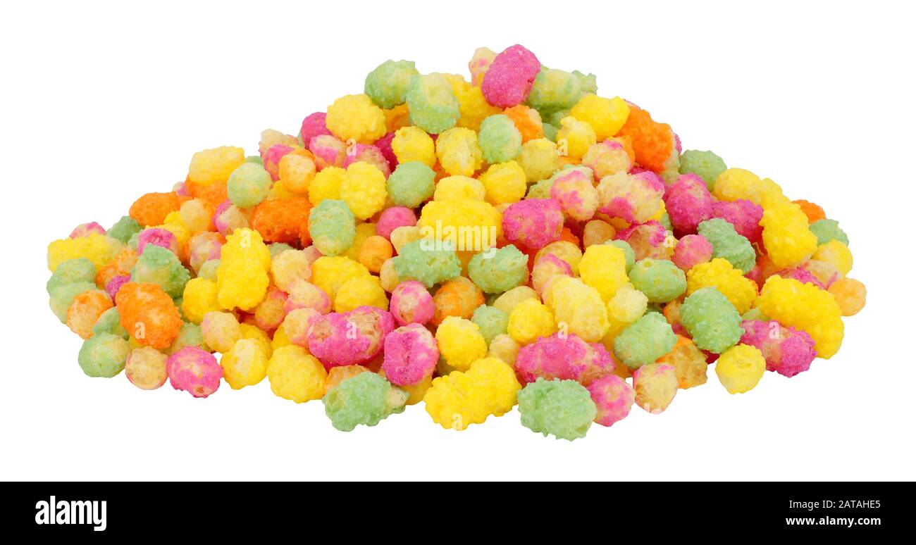 Group of rainbow coloured puffed maize and rice confectionery isolated ...