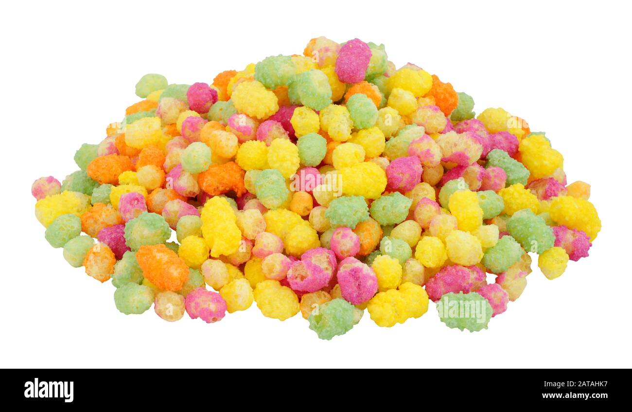 Group of rainbow coloured puffed maize and rice confectionery isolated ...