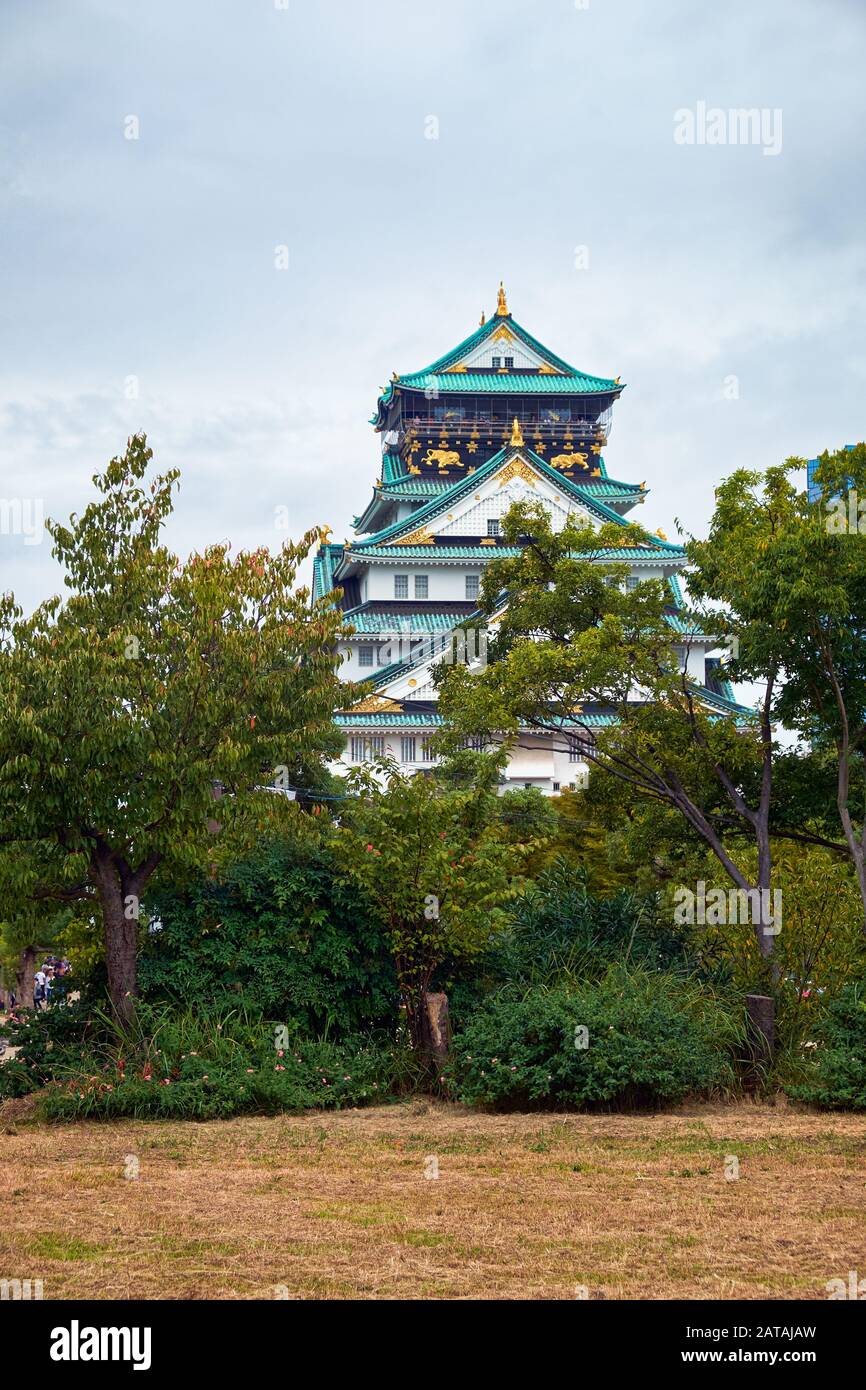 The five stories Main Tower (Tenshu) of the Osaka Castle capped with ...
