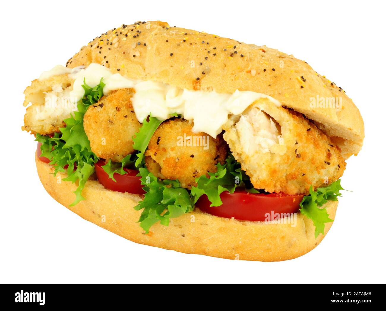 Fish finger and salad filled sandwich roll isolated on a white ...