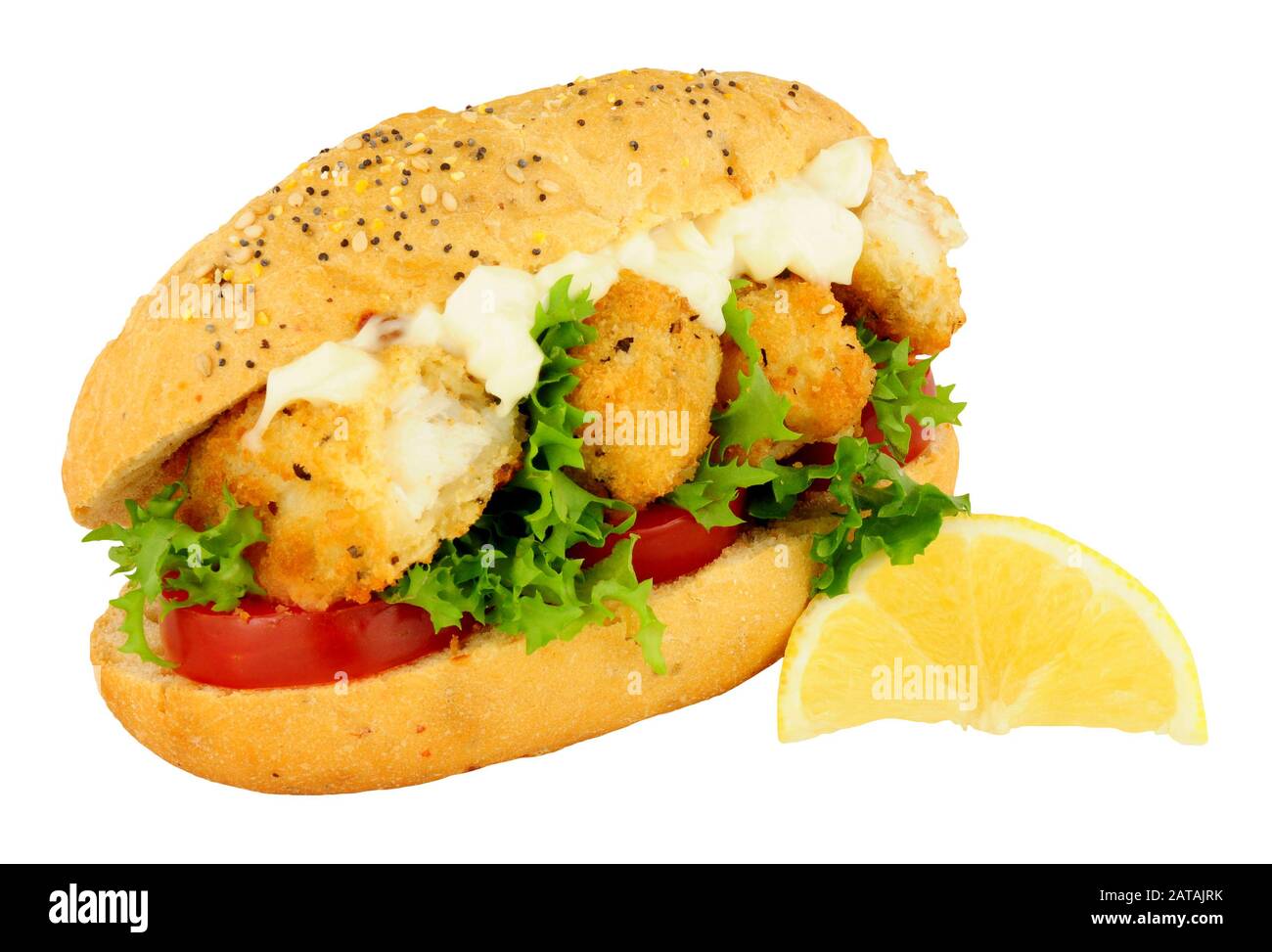 Fish finger and salad filled sandwich roll isolated on a white ...