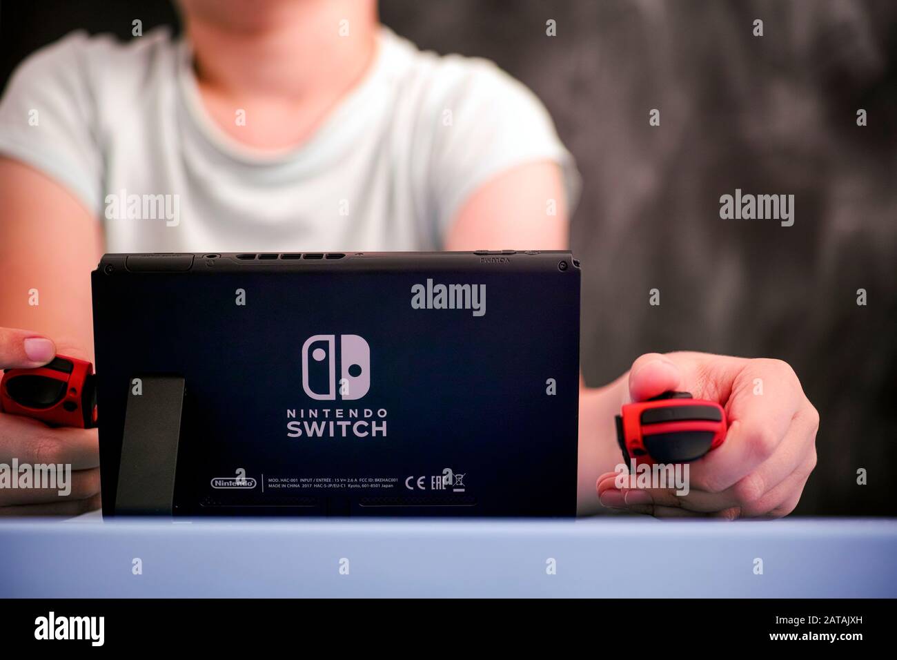 Tambov, Russian Federation - September 07, 2019 Boy playing Nintendo ...