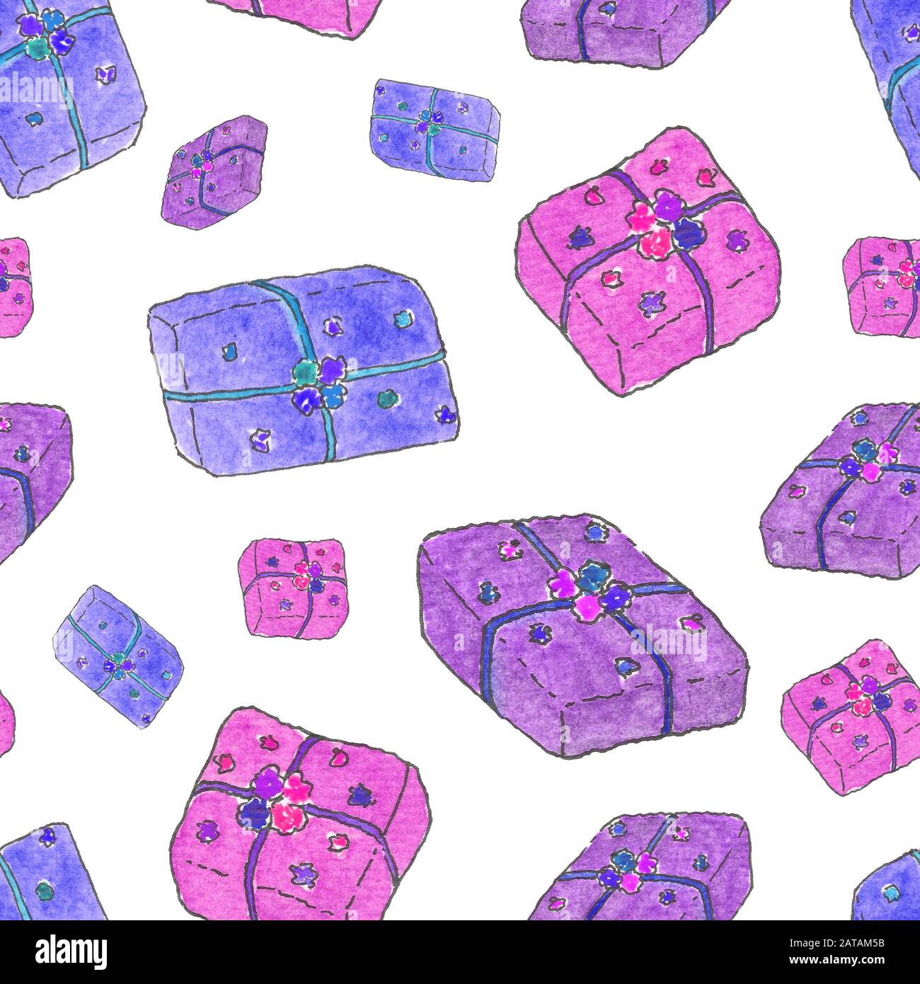 Seamless pattern with pink, blue and purple presents boxes. Watercolor ...