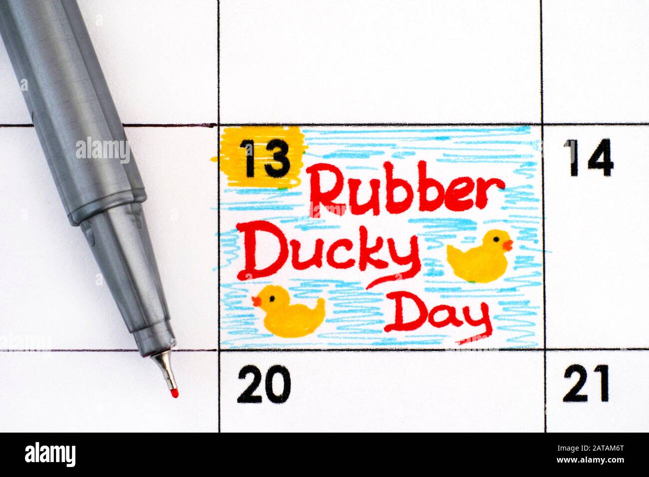 Reminder Rubber Ducky Day in calendar with pen. January 13 Stock Photo ...
