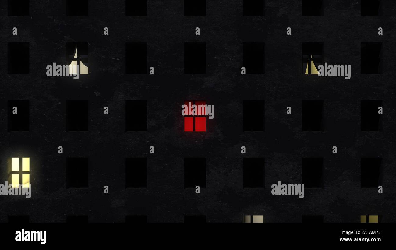 Thought provoking 3d illustration of a central red window in a black ...