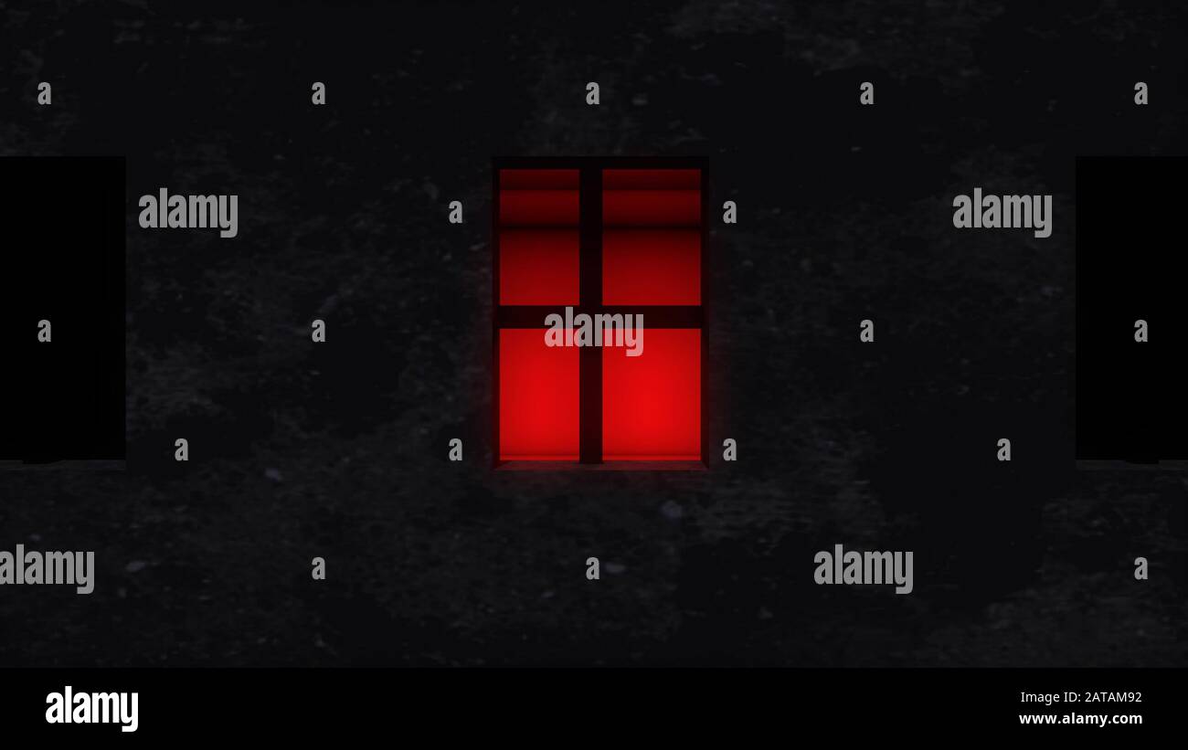 Impressive 3d illustration of a large red window in a grey ghetto ...