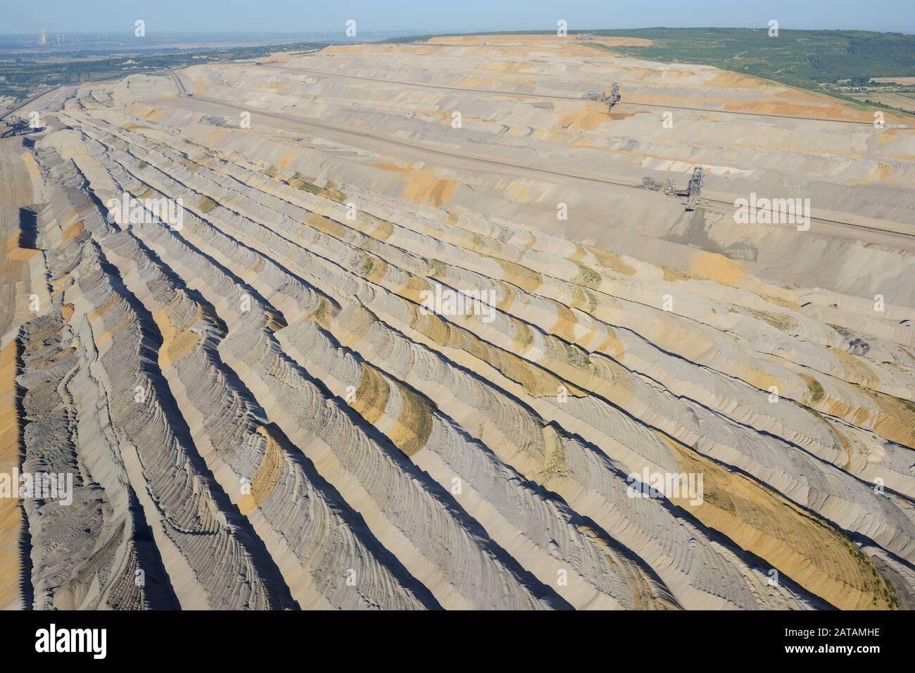 AERIAL VIEW. Massive accumulation of overburden at a coal mine. Hambach ...