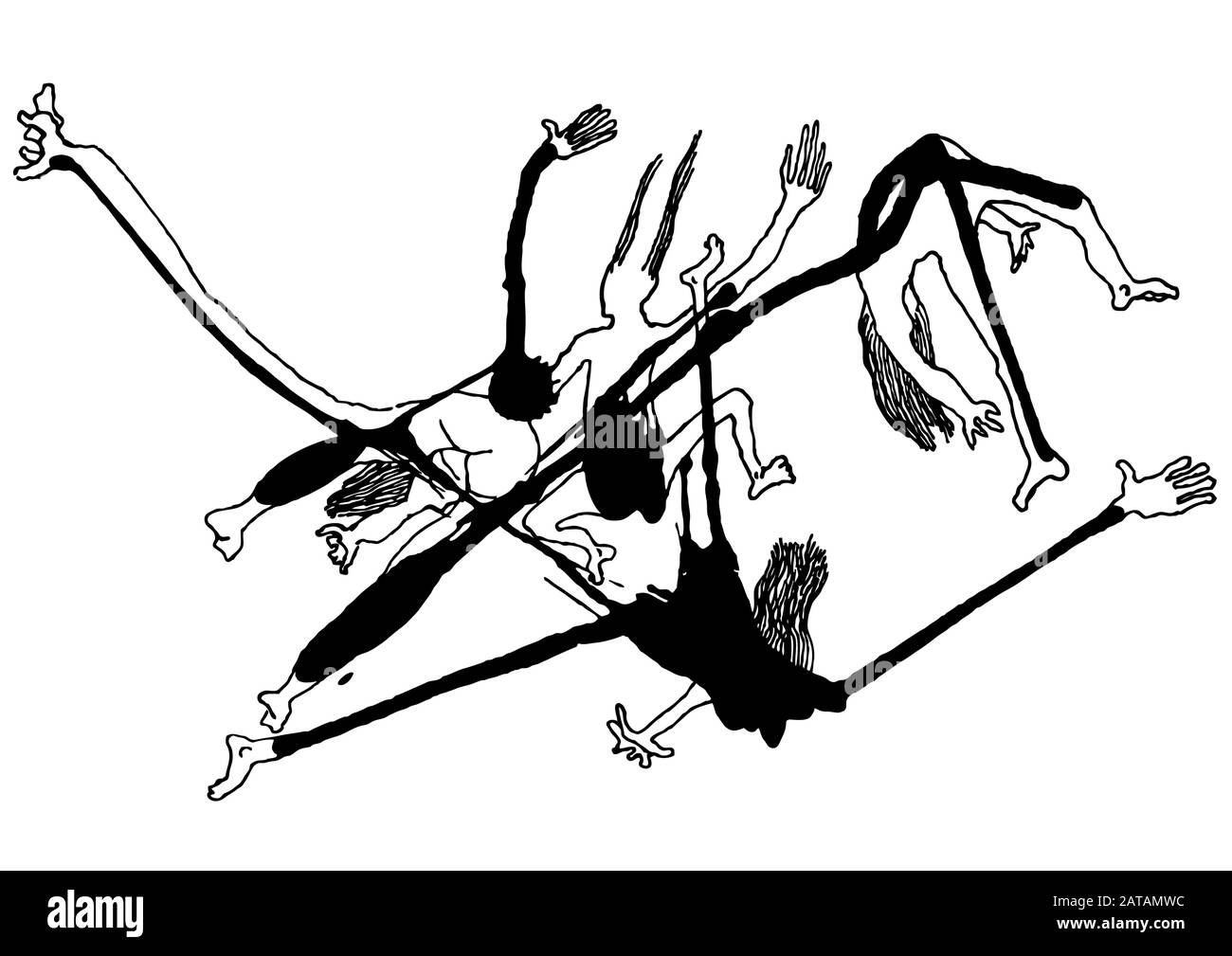 hand drawn illustration of abstract falling people composed of ink ...