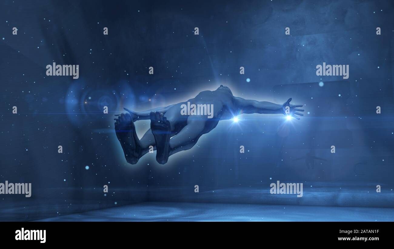 Arty 3d rendering of a flying horizontally spaceman who keeps hands ...