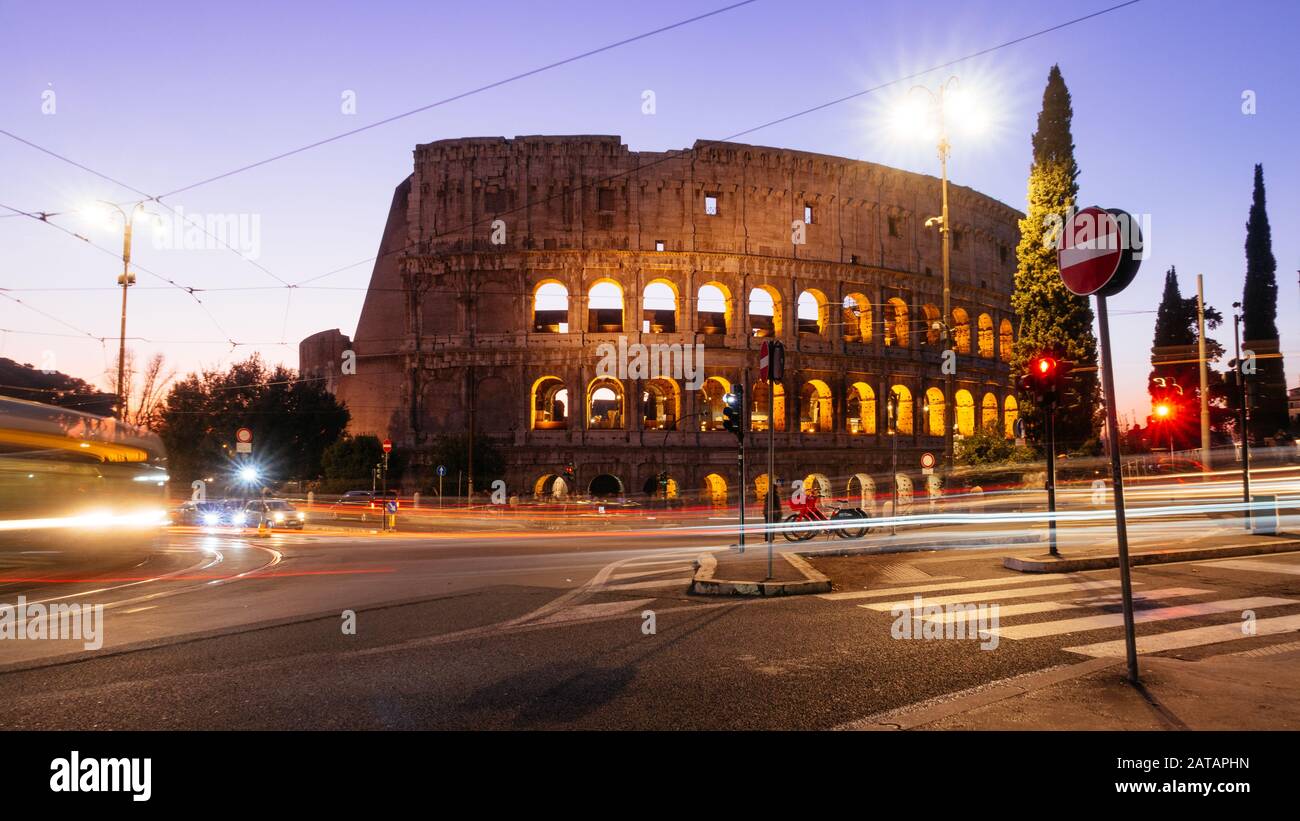 Rome, Italy - Jan 2, 2020: Colosseum at night with colorful blurred ...