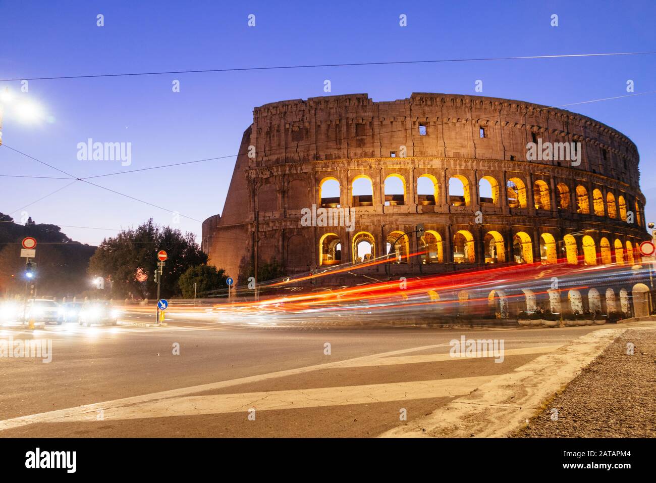 Rome, Italy - Jan 2, 2020: Colosseum at night with colorful blurred ...