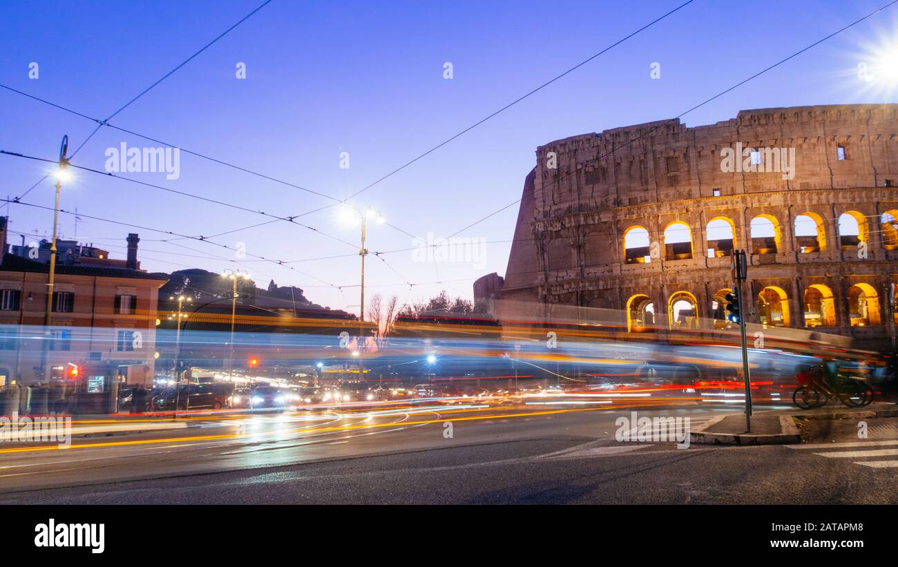 Rome, Italy - Jan 2, 2020: Colosseum at night with colorful blurred ...
