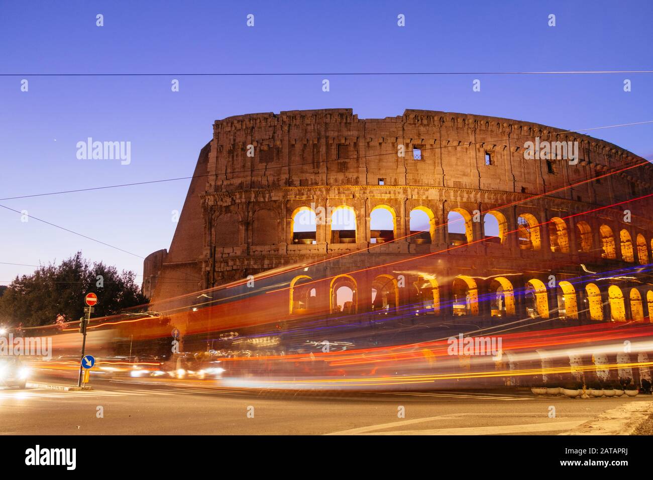 Rome, Italy - Jan 2, 2020: Colosseum at night with colorful blurred ...