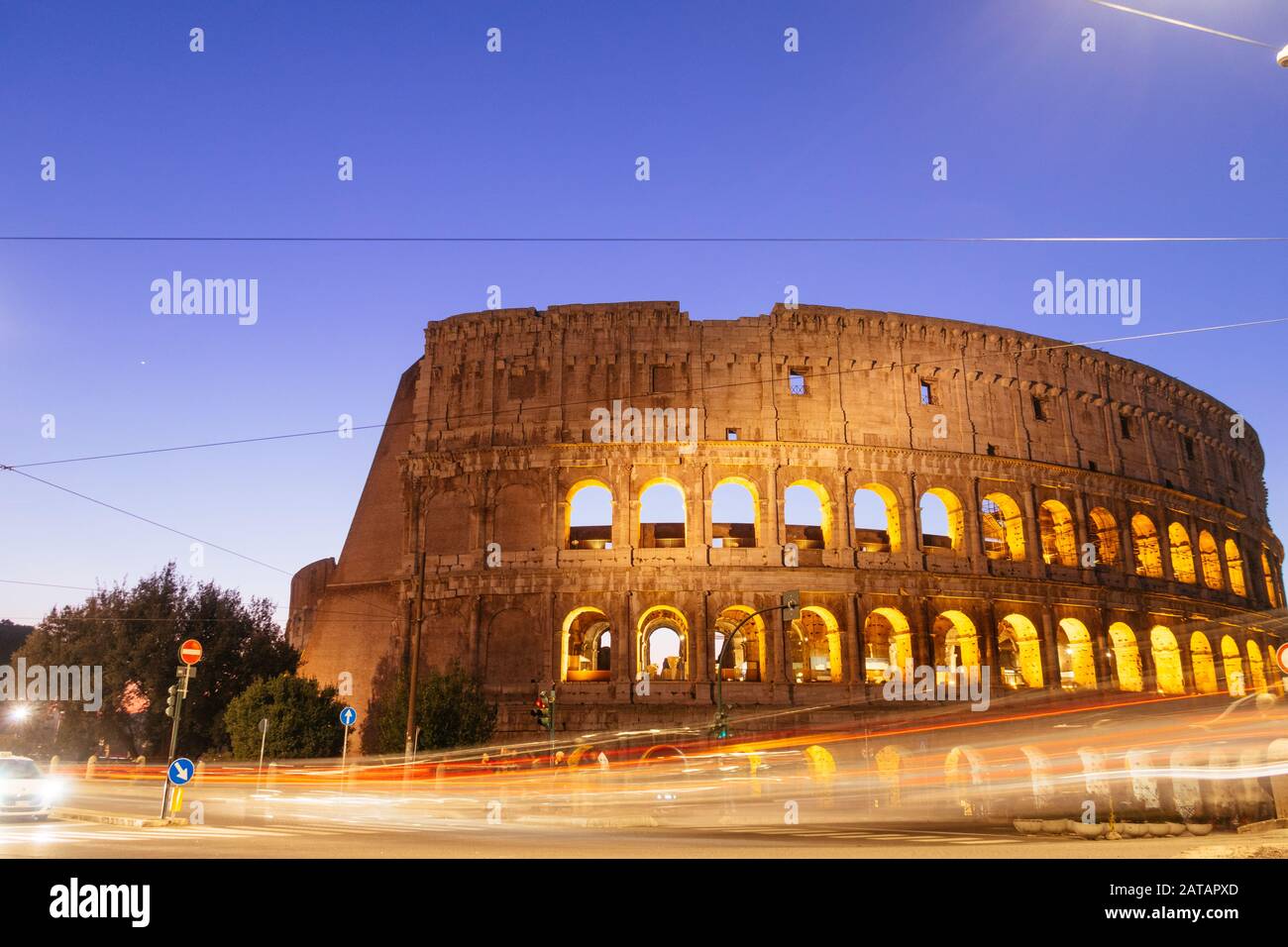 Rome, Italy - Jan 2, 2020: Colosseum at night with colorful blurred ...