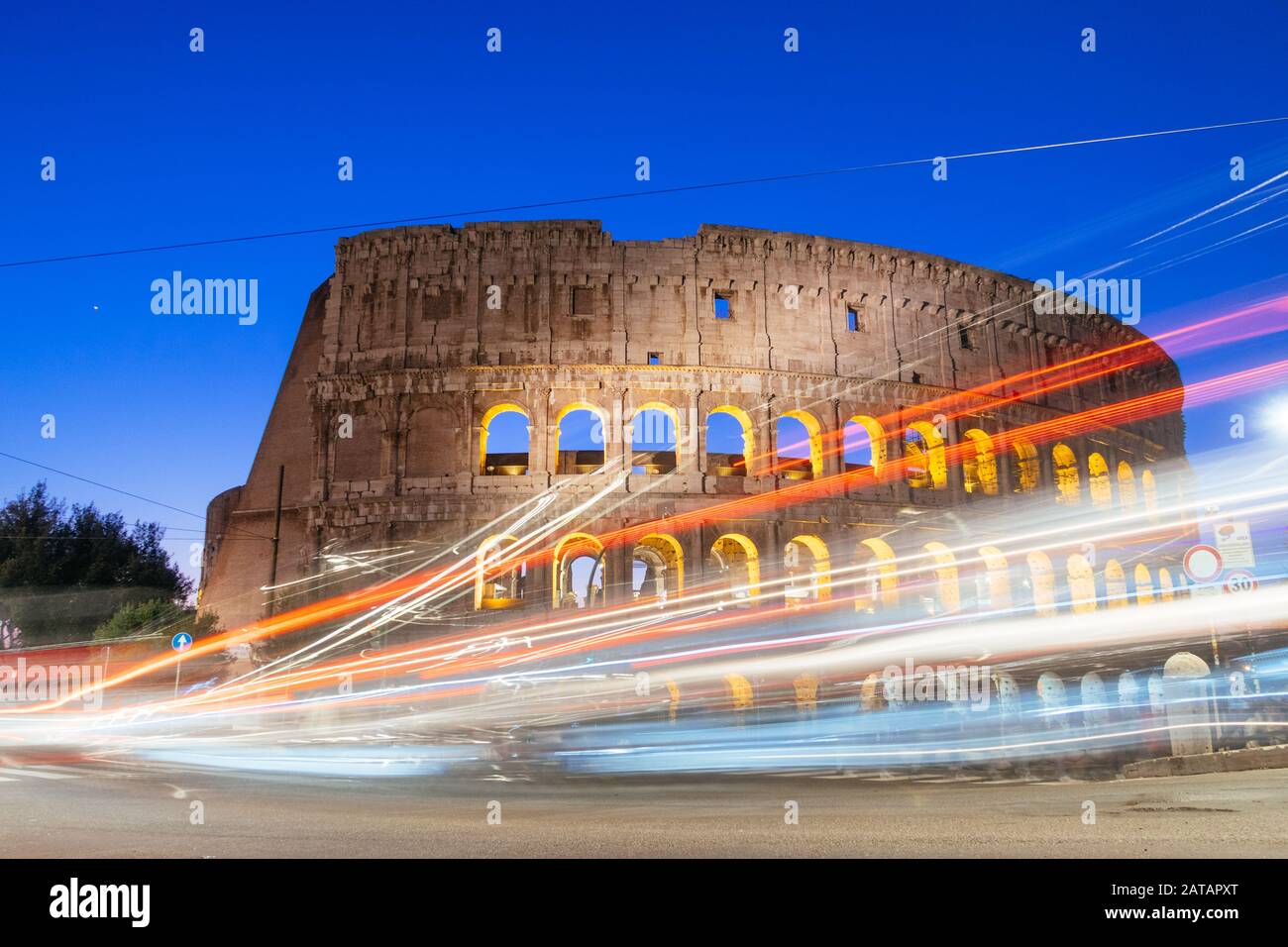 Rome, Italy - Jan 2, 2020: Colosseum at night with colorful blurred ...