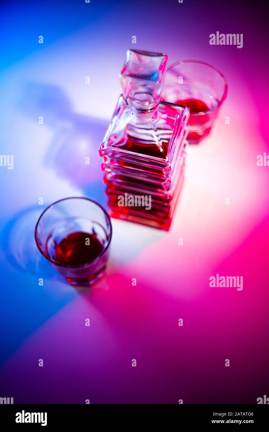 Decanter bottle and glass with red wine top view hi-res stock ...