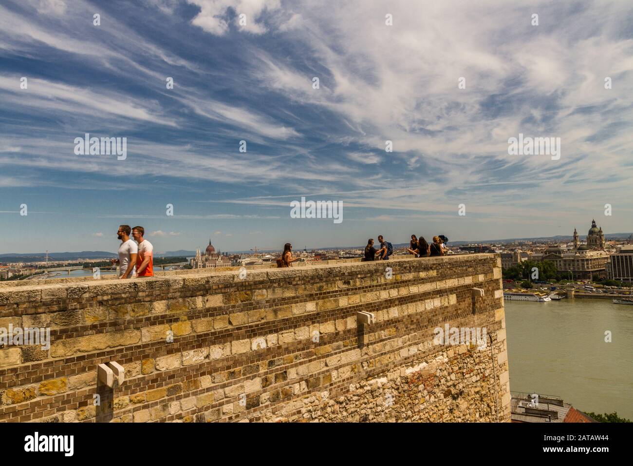 Budapest, Tourists enjoying the view from the ramparts of Buda Castle ...
