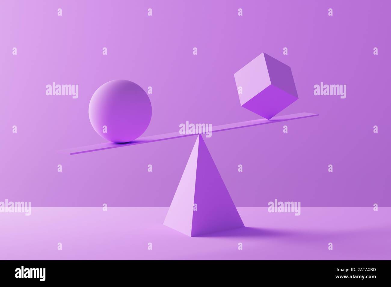 A sphere and a cube in perfect balance over purple background - 3D ...