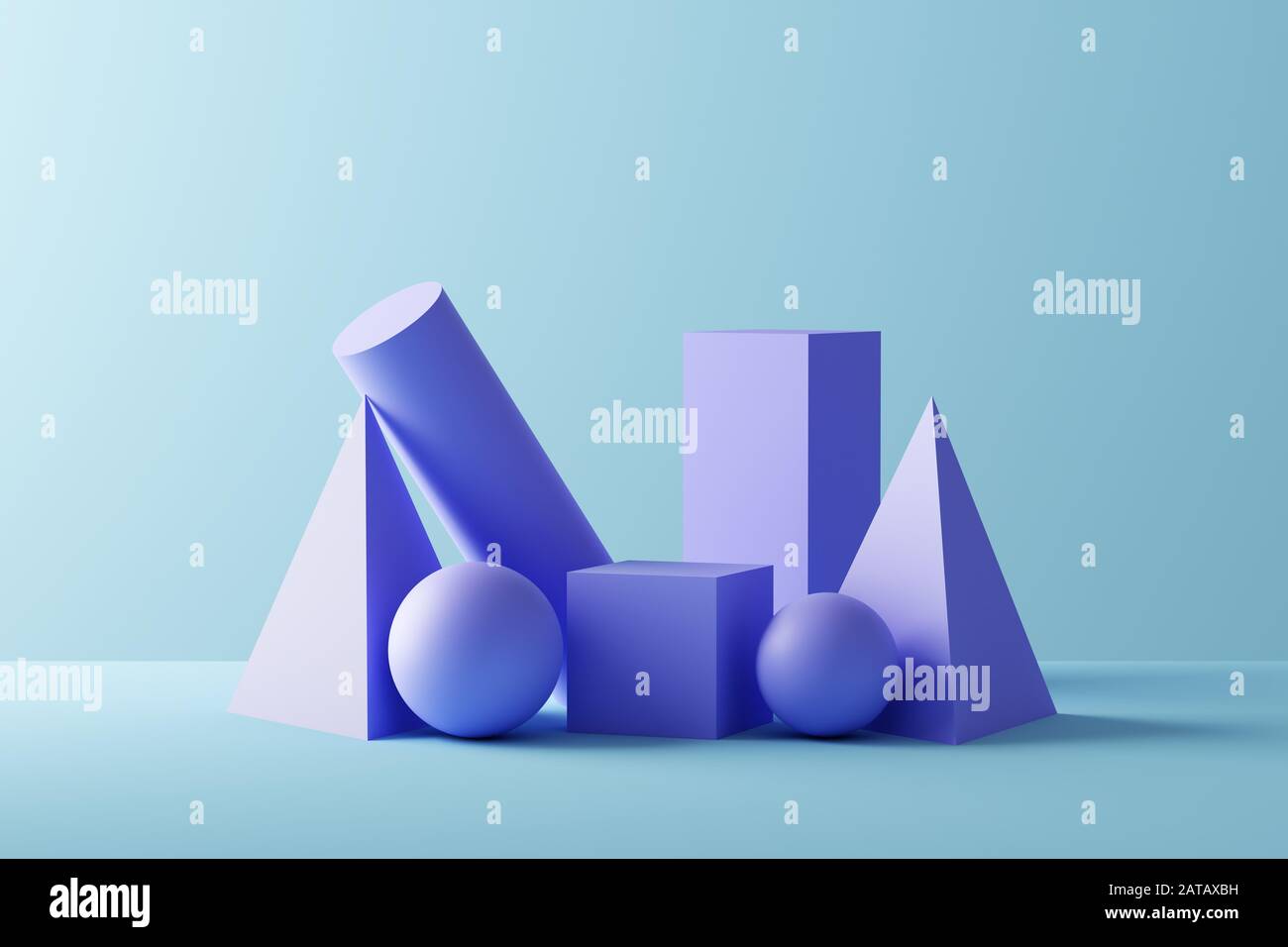 Multiple geometric shapes organized in perfect harmony over blue ...