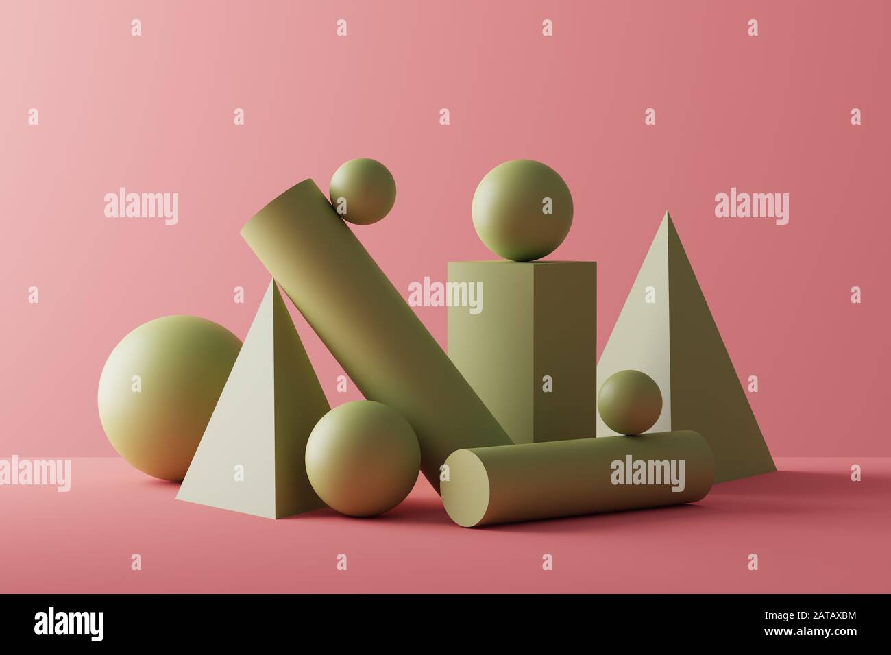 Multiple geometric shapes organized in perfect harmony over red ...