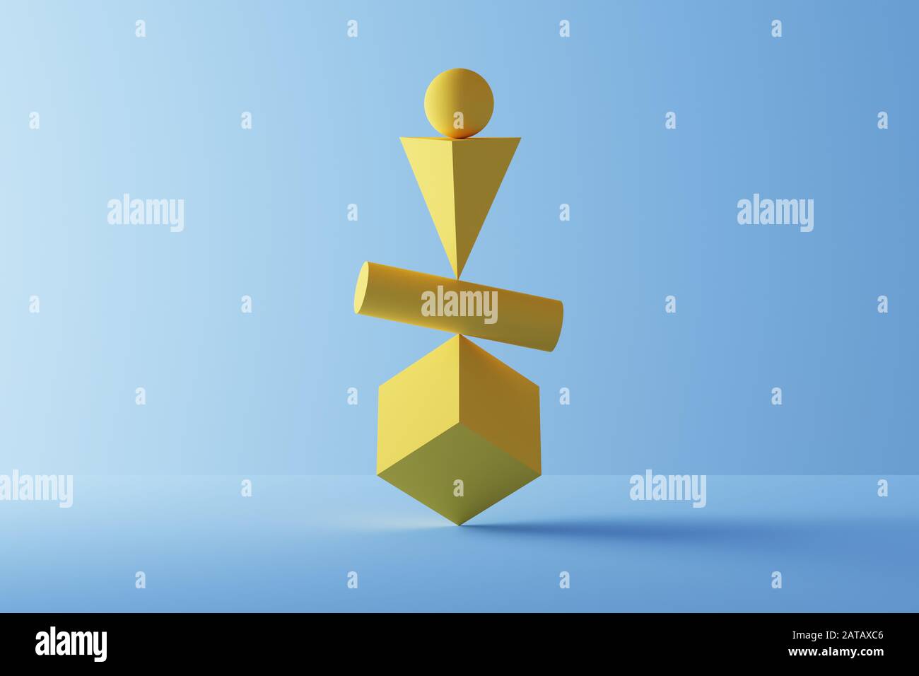 Primitive geometric shapes in perfect balance over blue background ...