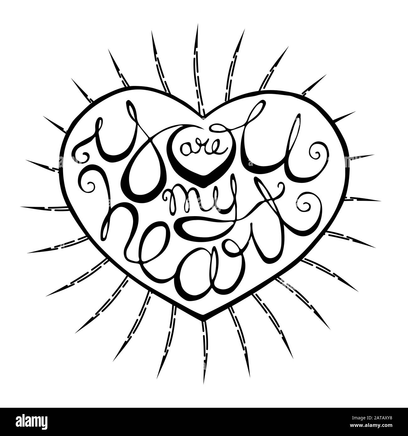 Handwriting lettering inside heart shape with radial rays. Design ...