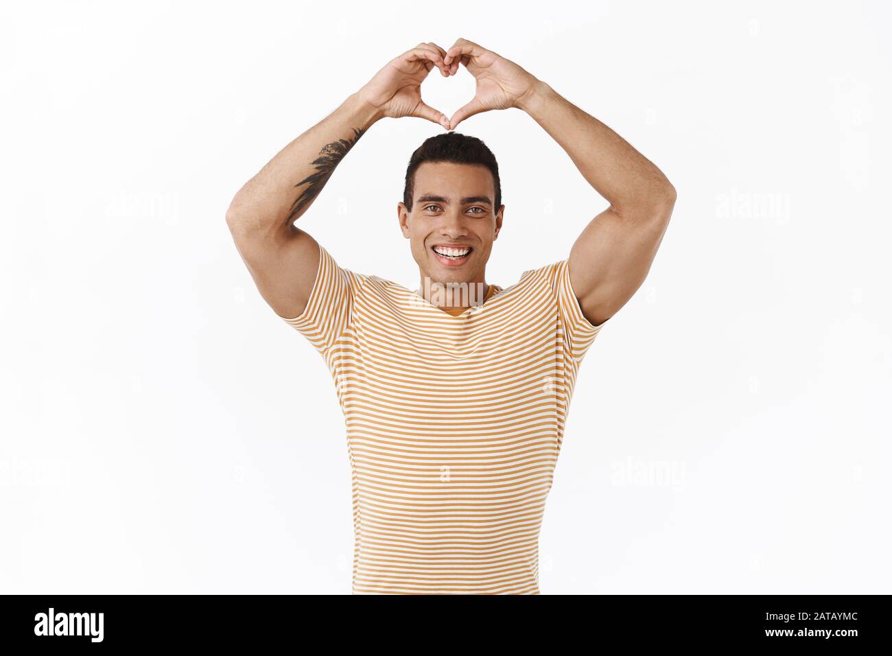 Waist-up shot handsome, lovely masculine male athlete confessing in ...