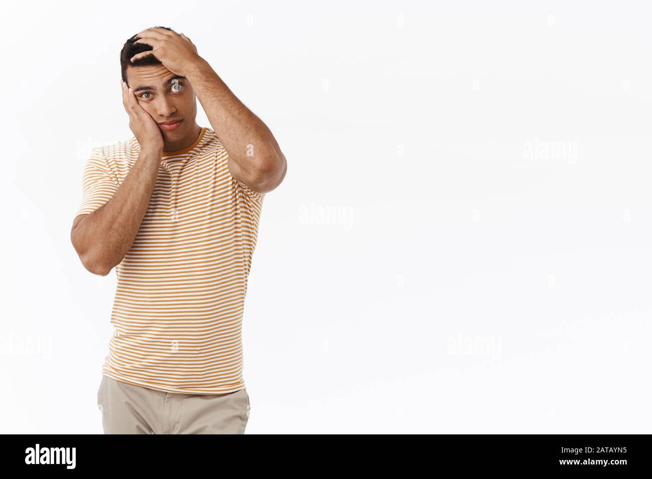 Oh my god, why me. Pressed and annoyed young fed up boyfriend, head ...