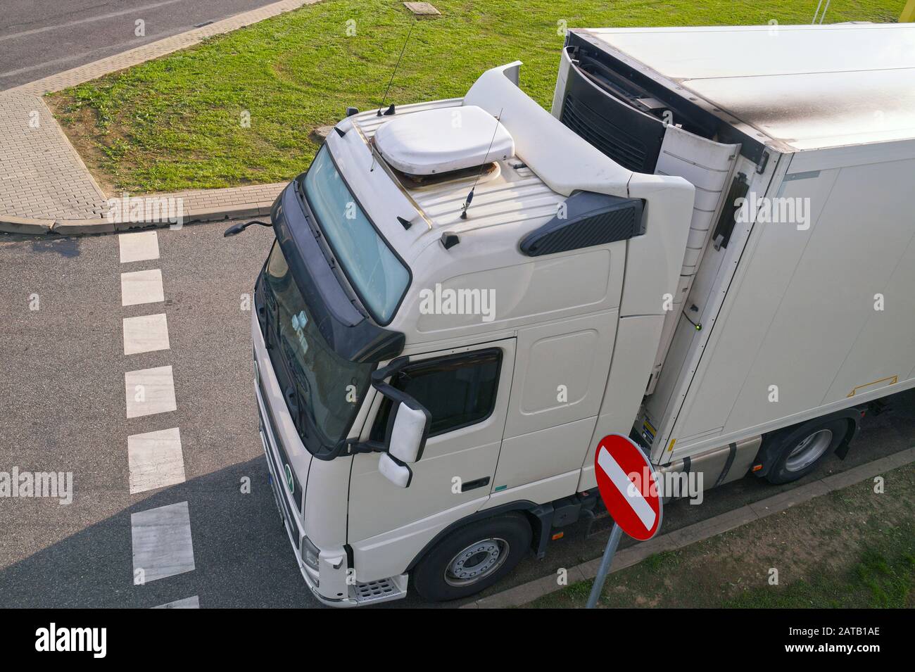 Driver's cabin and part of the semi-trailer. View from above Stock ...