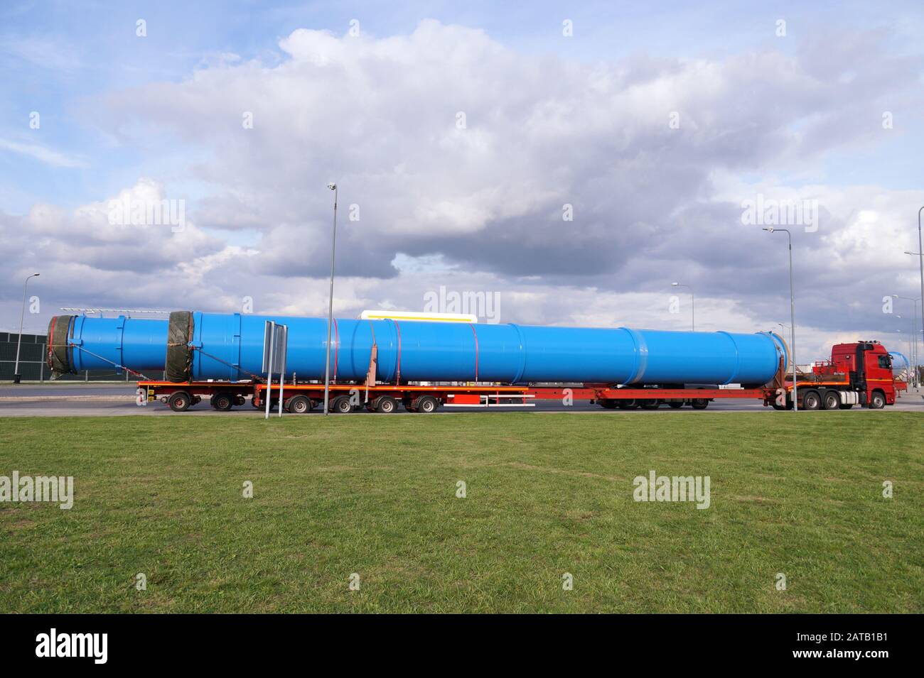 A truck with a special semi-trailer for transporting oversized loads ...