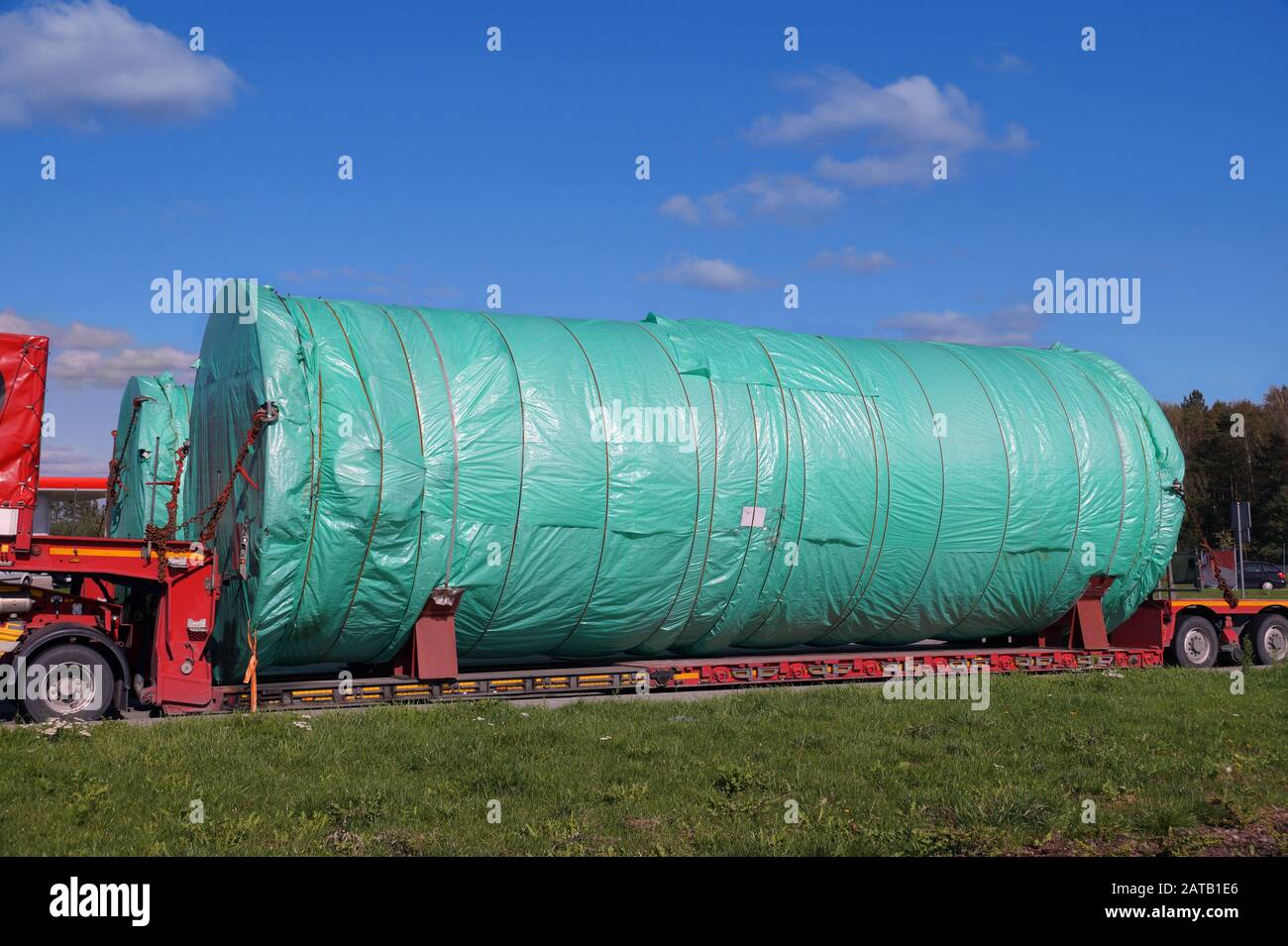 A truck with a special semi-trailer for transporting oversized loads ...