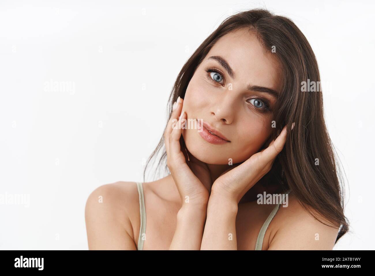 Tenderness, skincare and women concept. Girl taking care of skin and ...