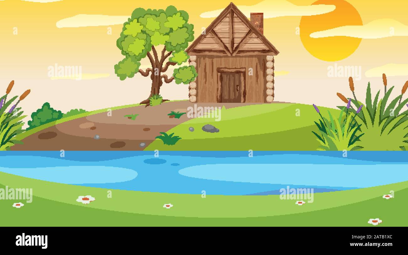 Scene with wooden cottage in the field by the river illustration Stock ...