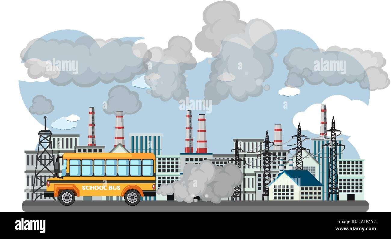 Scene with school bus and factory buildings polluting the air ...