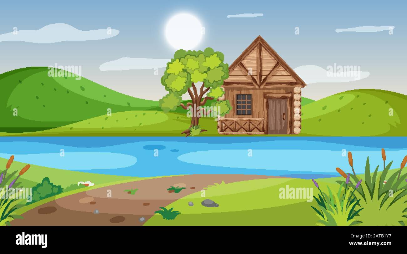 Scene with wooden cottage in the field by the river illustration Stock ...