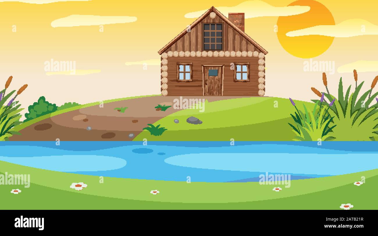 Scene with wooden cottage in the field by the river illustration Stock ...
