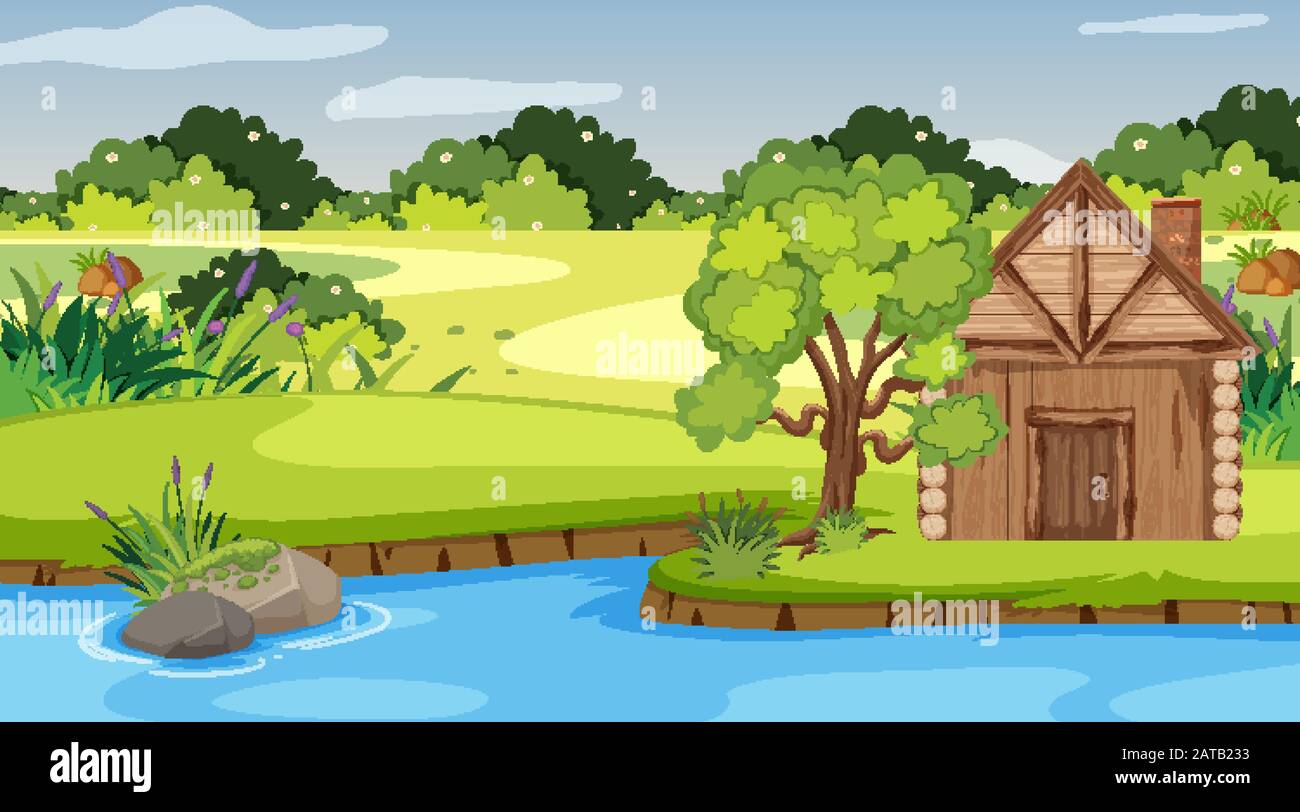 Scene with wooden cottage in the field by the river illustration Stock ...