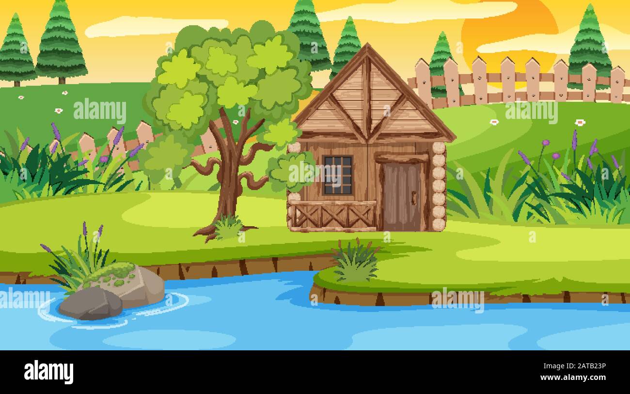 Scene with wooden cottage in the field by the river illustration Stock ...