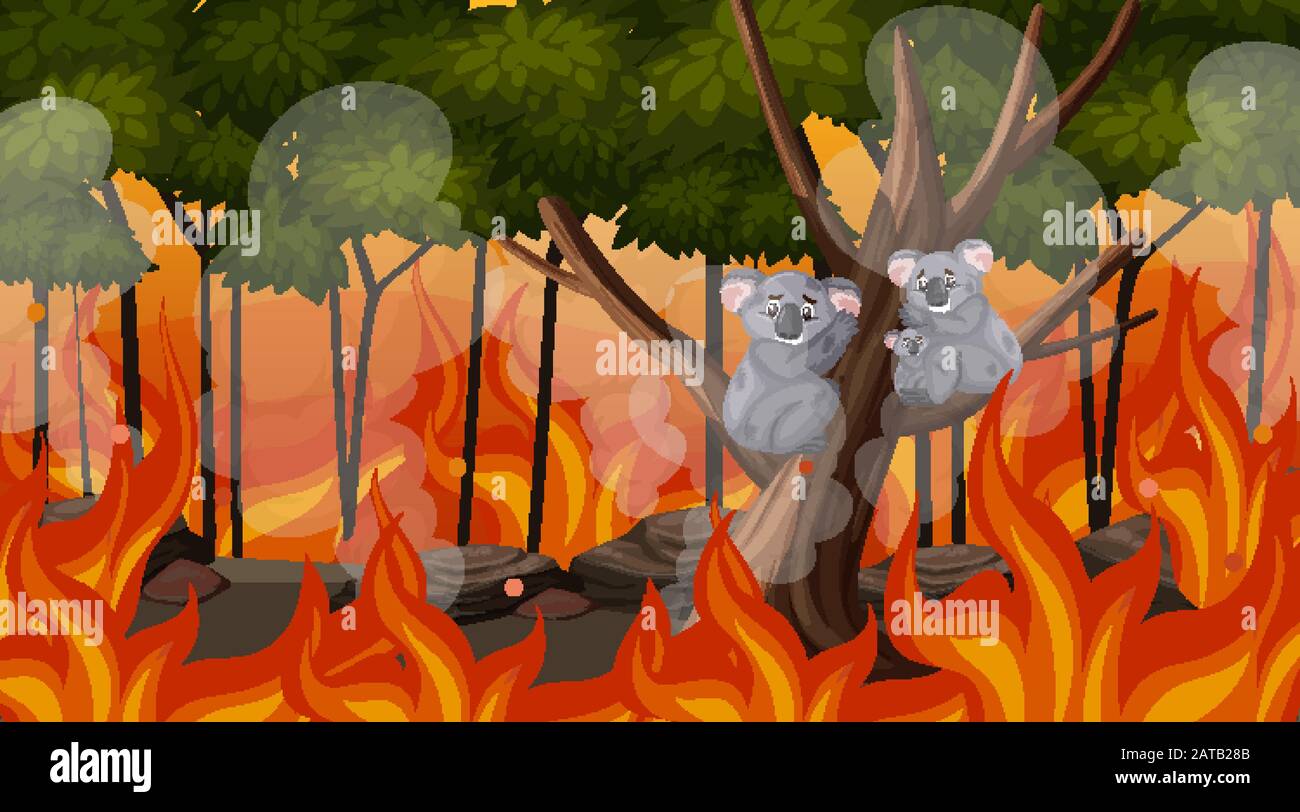 Scene with big wildfire with animal trapped in the forest illustration ...