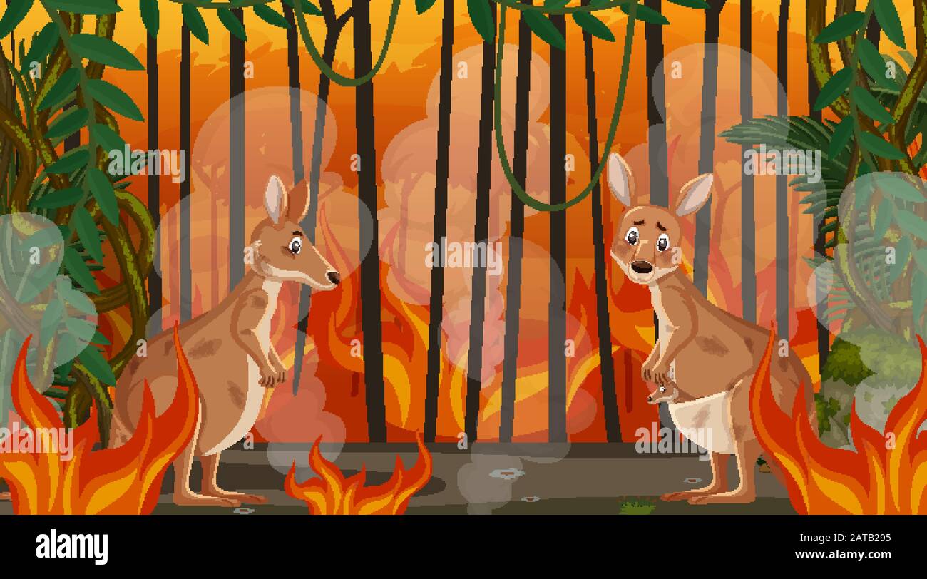Scene with big wildfire with animal trapped in the forest illustration ...