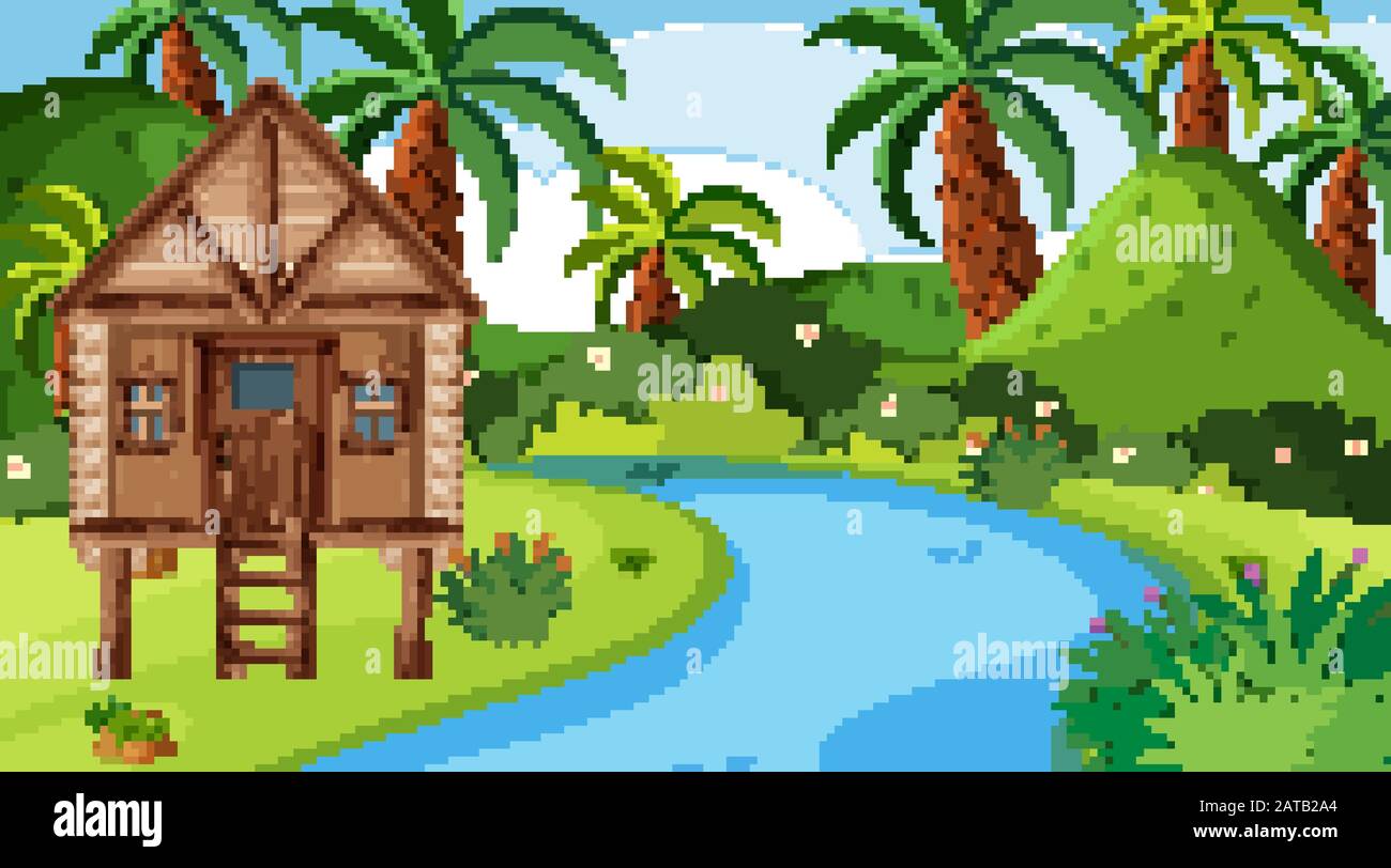 Scene with wooden cottage in the field by the river illustration Stock ...