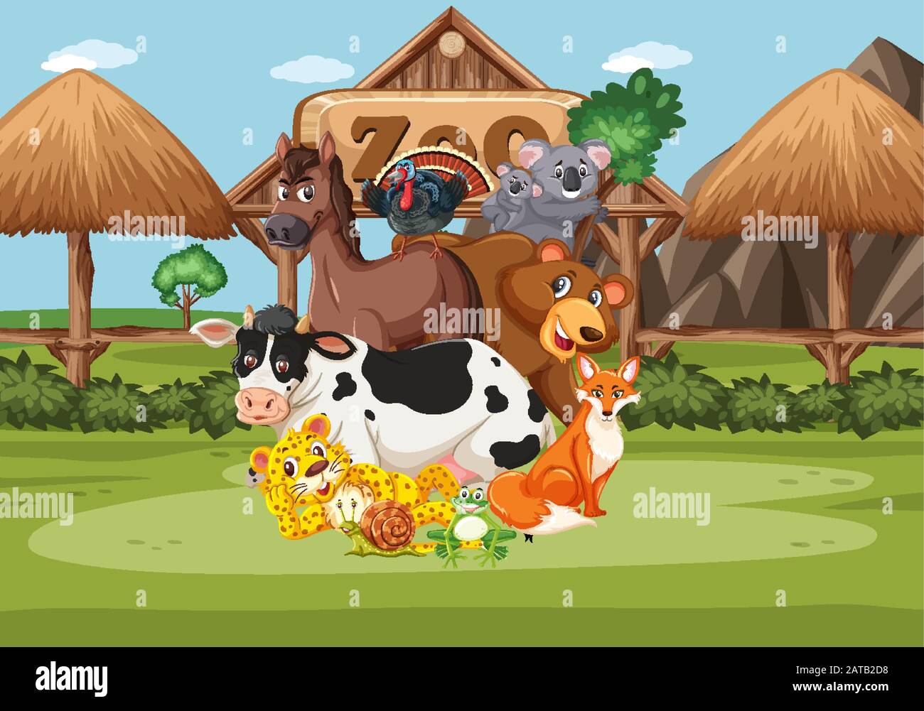 Scene with wild animals in the zoo at day time illustration Stock ...